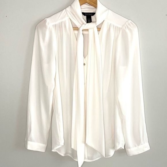 White House Black Market | Tops | Whbm White Button Up Neck Bow Blouse ...